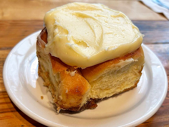 The infamous cinnamon roll that launched a thousand Instagram posts. That cream cheese frosting melts just enough to create little pools of tangy sweetness.