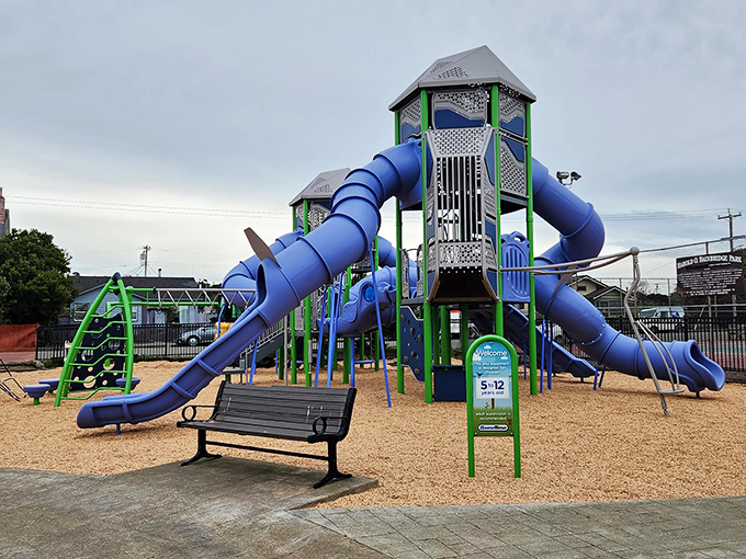 Kids climbing on blue slides while parents enjoy a moment of peace&mdash;Fort Bragg's playgrounds offer family fun without the theme park prices.