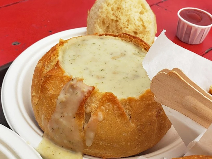 Clam chowder in a sourdough bread bowl&mdash;nature's perfect soup delivery system and the ultimate edible dishware innovation.