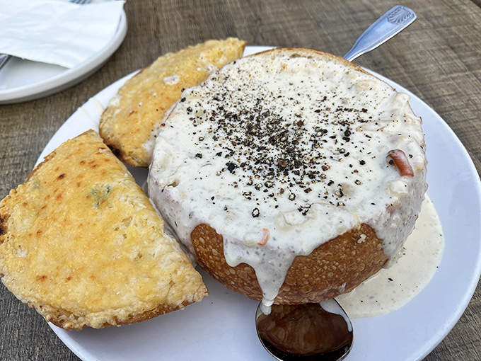The star of the show arrives in its sourdough throne. This isn't just chowder&mdash;it's a creamy revelation that demands a moment of silence.
