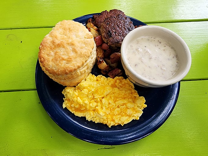 Breakfast perfection on a blue plate: a golden-brown biscuit that could make a Southern grandmother weep with joy, alongside perfectly scrambled eggs.