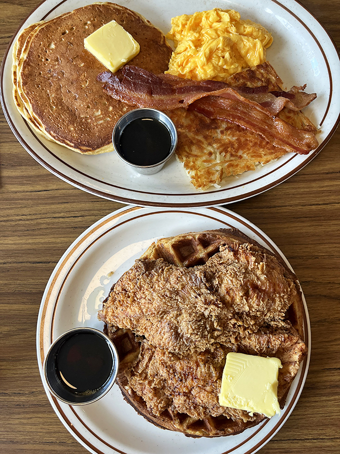 The holy trinity of breakfast: golden pancakes, perfectly scrambled eggs, and bacon that strikes that magical balance between crispy and chewy.