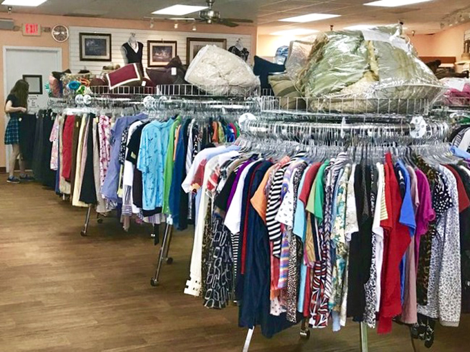 The clothing section is meticulously organized by type and size, making the treasure hunt efficient rather than overwhelming for bargain-seeking fashionistas.