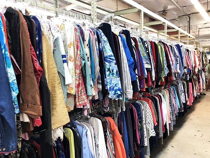 A rainbow of possibilities hanging neatly in rows. Each garment holds a story and possibly the solution to your "nothing to wear" crisis.