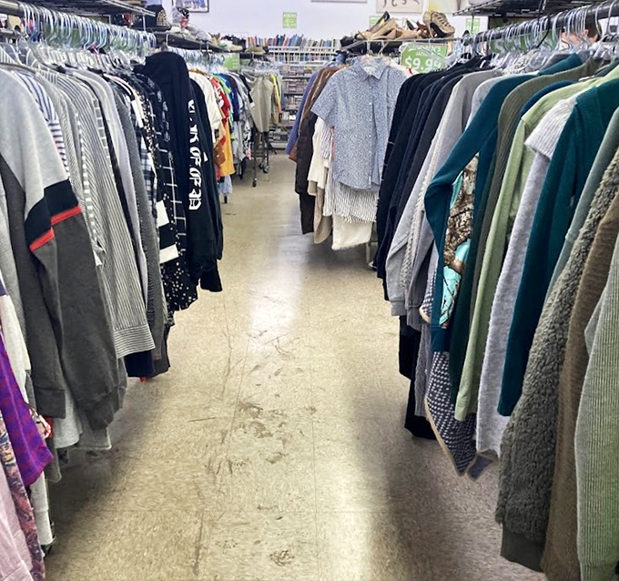 Racks upon racks of clothing whisper stories of dinner parties, first dates, and disco nights long past.