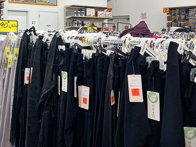 Clothing racks stretch endlessly, offering brand-name fashion finds that make your closet jealous of itself.