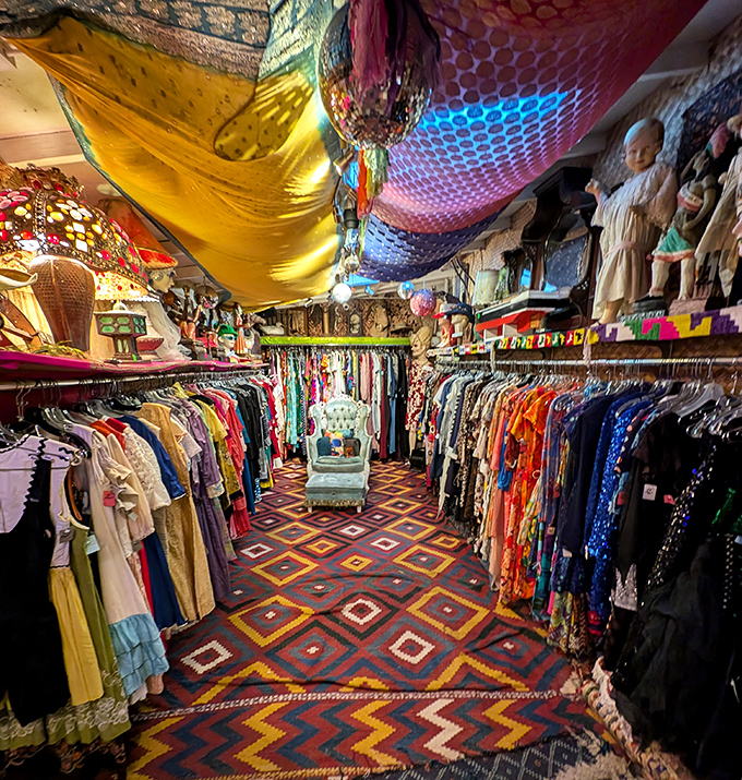 Down the rabbit hole you go&mdash;fabric-draped ceilings and geometric carpets create a bohemian bazaar where vintage clothing becomes art.