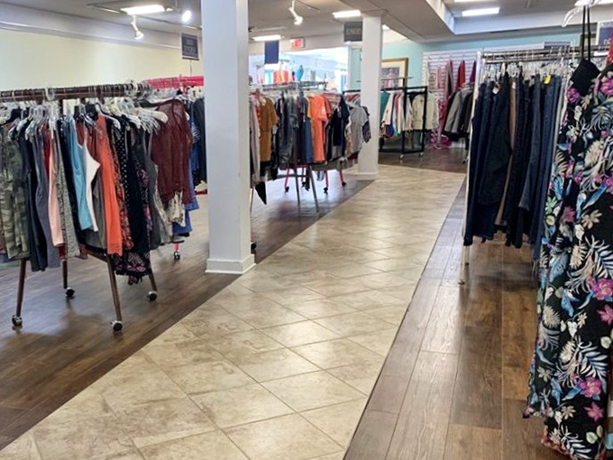 The clothing section stretches like a fashion runway for the budget-conscious. Racks on racks on racks of possibilities.