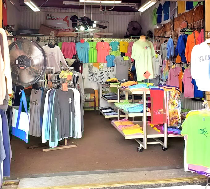 A rainbow explosion of Florida-themed t-shirts and beachwear, where finding the perfect vacation memento becomes an adventure in technicolor.