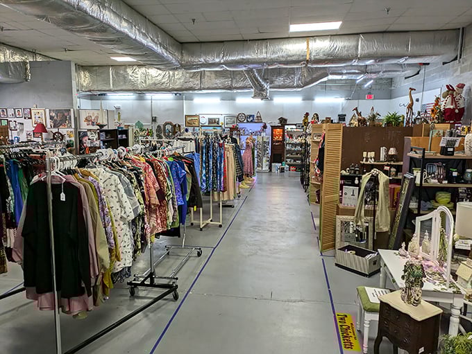 The clothing section: where vintage Hawaiian shirts and forgotten prom dresses await their second act on life's eclectic stage.