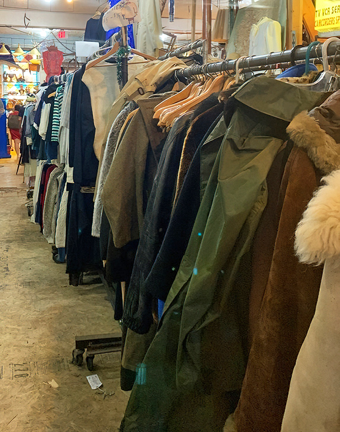 Racks of vintage coats wait patiently for their second act—that perfect leather jacket has already lived an interesting life and is ready for yours.