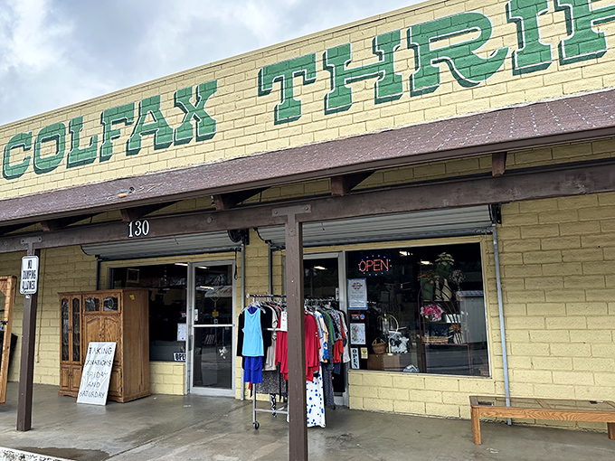 Colfax Thrift's cheerful yellow exterior promises treasure hunting adventures where one person's castoffs become another's conversation pieces.