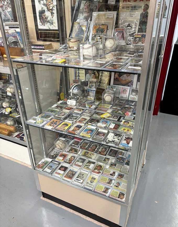 Baseball cards and memorabilia fill glass cases like a museum of America's pastime, each item holding stories of legendary games and heroes.