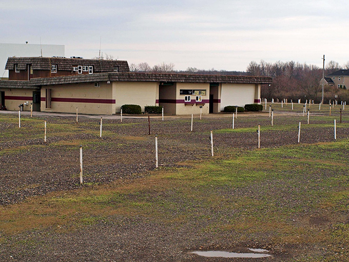 The concession building stands sentinel in the off-season, patiently waiting for summer crowds to return to this temple of outdoor cinema.