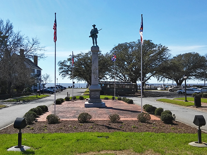 This memorial stands as a reminder of Edenton's complex history, with flags fluttering against a backdrop of the town's picturesque waterfront.