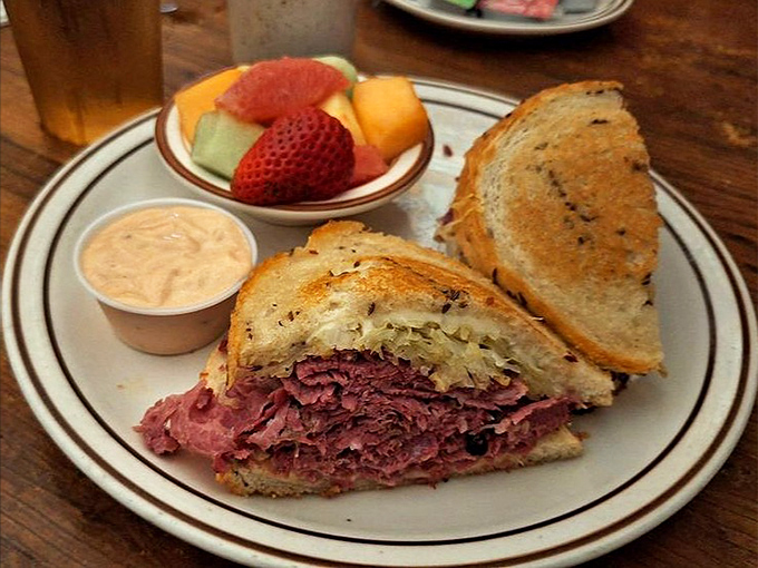 The star of the show: a perfect corned beef sandwich with just the right balance of meat, mustard, and rye bread&mdash;a holy trinity of deli perfection.