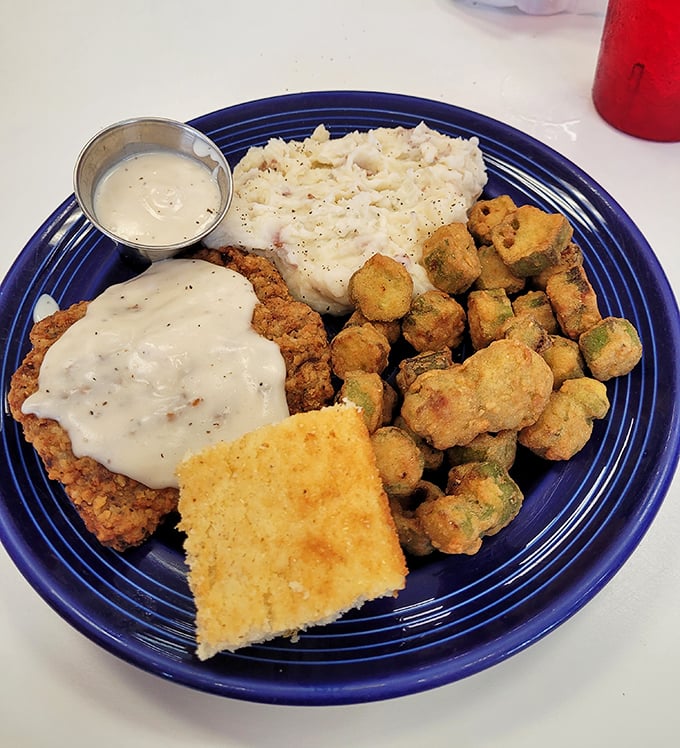 Country fried steak that doesn't just come with gravy&mdash;it comes with a guarantee that your diet starts tomorrow. Worth every delicious calorie.
