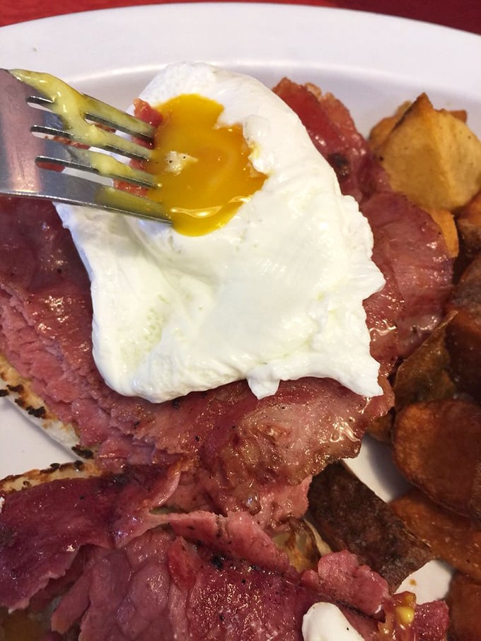 Country ham and eggs&mdash;where Virginia tradition meets breakfast perfection. That runny yolk is nature's most perfect sauce.