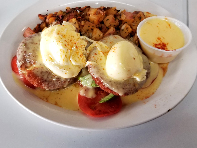 Eggs Benedict that would make the Pope jealous. Those perfectly poached eggs perch atop their throne like breakfast royalty.