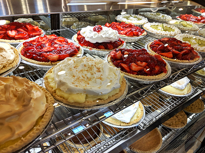 Heaven's waiting room looks suspiciously like this pie case. The strawberry cream pie might actually be worth skipping your main course.