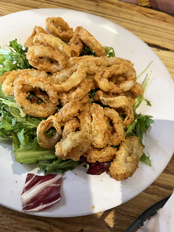 Golden rings of perfectly fried calamari perched atop fresh greens &ndash; crispy on the outside, tender within, and utterly irresistible.