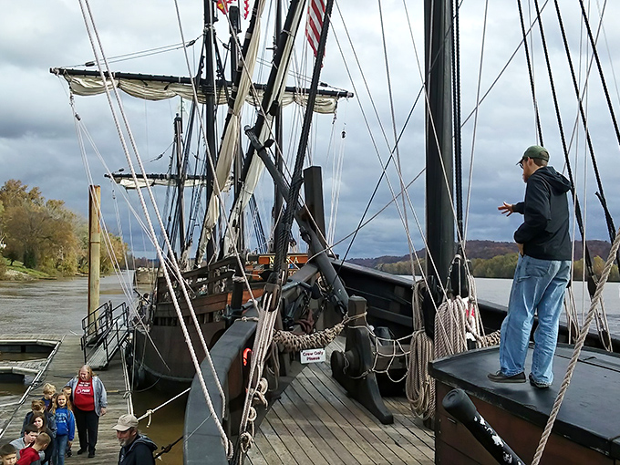 History sets sail on the Ohio River where visitors explore a tall ship, offering a tangible connection to the waterway that shaped Gallipolis' destiny.