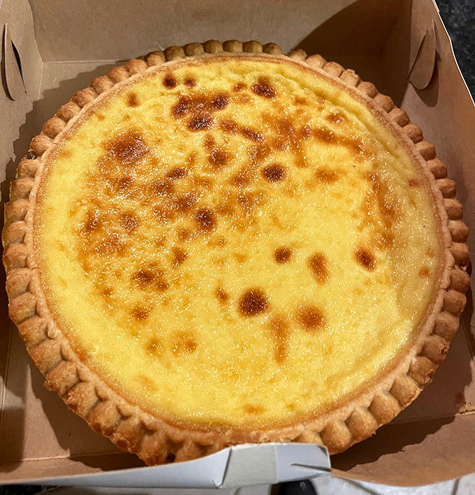 The custard pie glistens with a perfectly caramelized top that crackles under your fork like nature's creme br&ucirc;l&eacute;e.