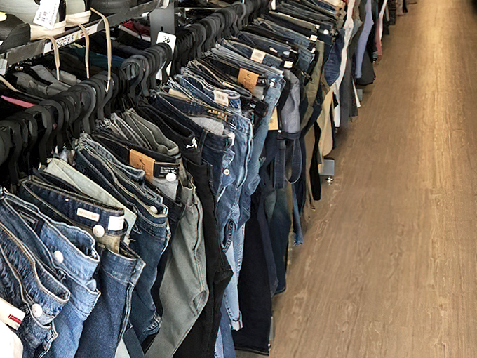 The pants lineup resembles a delicious color palette of fashion possibilities. Corduroy, denim, and everything in between waiting for their second act.