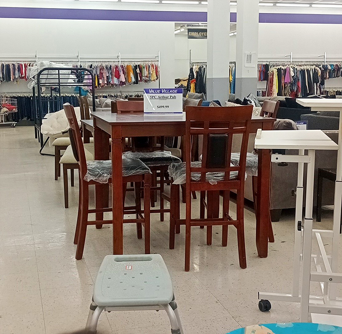 Dining sets await new dinner conversations. This wooden ensemble has probably hosted everything from Thanksgiving turkeys to late-night poker games.