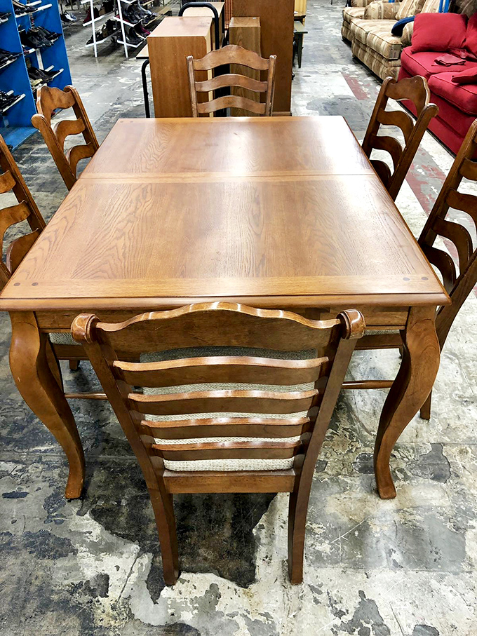 Gather 'round this solid oak dining set and imagine the family dinners it's seen&mdash;and the ones it could host in your home for a fraction of retail price.