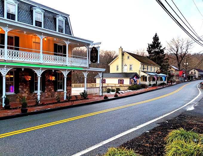 Twilight transforms Saint Peters into a storybook setting. Those warm glowing windows aren't just lights&mdash;they're invitations to peek into village life.