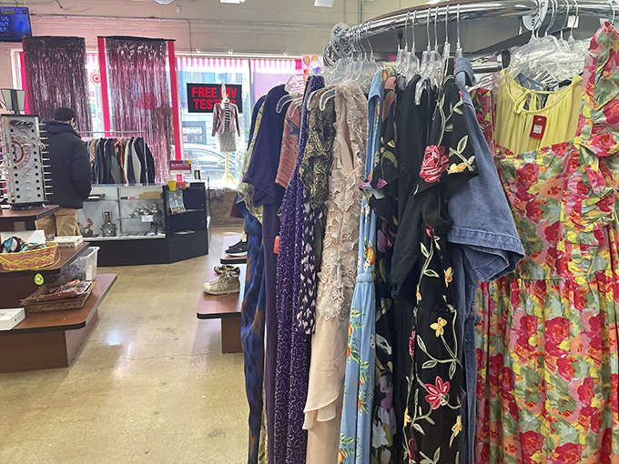 A rainbow of patterns and fabrics awaits in the dress section, where yesterday's special occasion outfit becomes tomorrow's statement piece.