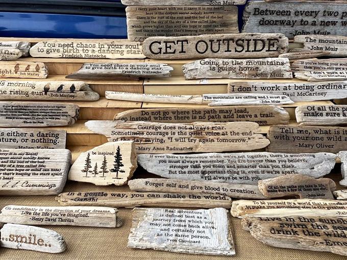 Words of wisdom etched into driftwood &ndash; because sometimes life's best advice doesn't come from a therapist but from a piece of wood you found at a flea market.