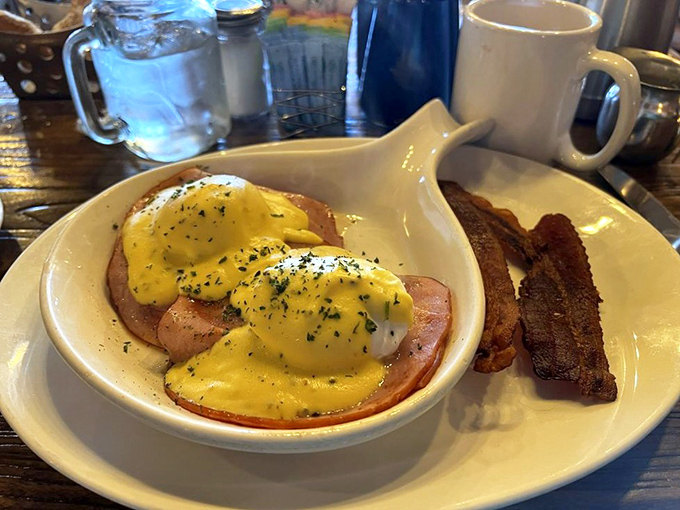 Behold, the Classic Benedict in its natural habitat&mdash;poached eggs wearing that hollandaise like a silk robe, perched atop Canadian bacon that knows its supporting role perfectly.