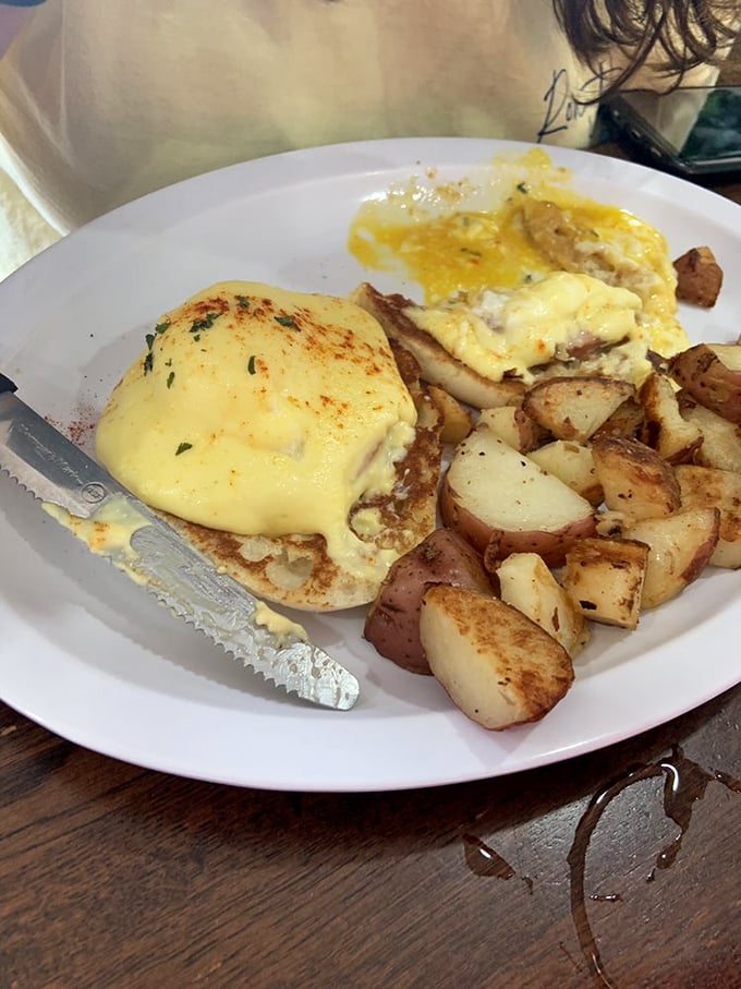 Eggs Benedict gets the Southern treatment with perfectly poached eggs and hollandaise that practically glows. Those home fries aren't just a side dish&mdash;they're a supporting actor worthy of an Oscar.