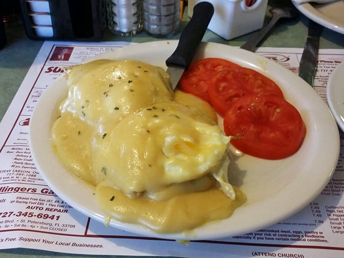 This eggs benedict isn't trying to impress food critics; it's trying to make your morning better. Mission accomplished.