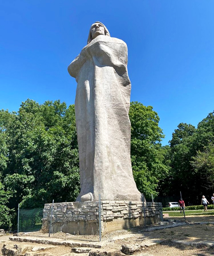 The Eternal Indian stands sentinel over the Rock River valley, a 48-foot concrete colossus that's been photobombing family vacation pictures since 1911.