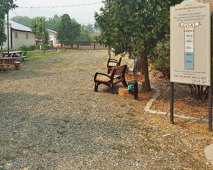Community spaces that invite lingering – where fundraising thermometers still track progress the old-fashioned way and string lights await evening gatherings.