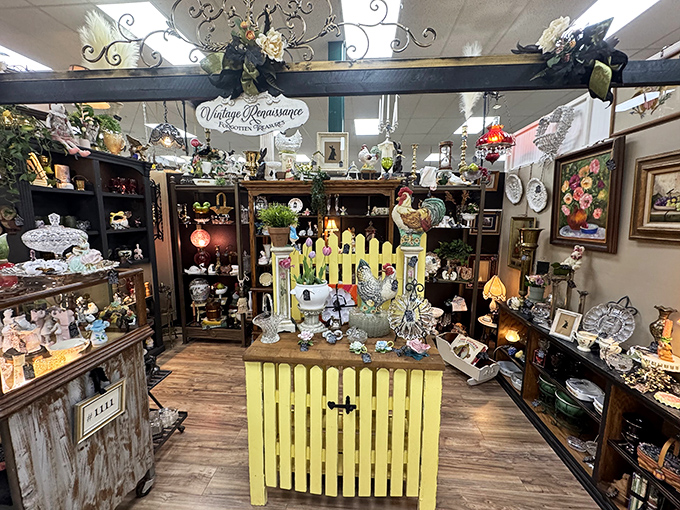 This booth is a shrine to farmhouse chic, where roosters rule the roost and every piece tells a story of Sunday dinners past.