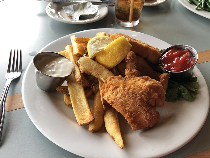 Golden-battered fish and chips that make the journey worthwhile&mdash;crispy exterior giving way to flaky perfection that would make a British pub jealous.
