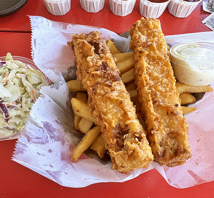 Golden-battered fish fillets resting on a bed of fries with coleslaw standing by. This isn't just fish and chips &ndash; it's edible sunshine.
