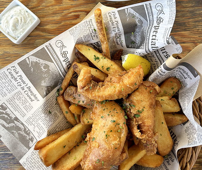 This isn't just fish and chips; it's edible architecture – golden batter shattering at first bite, revealing flaky fish that makes you momentarily forget your table manners.