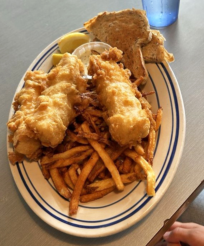Wisconsin's fish fry tradition elevated to art form. That golden batter shatters with each bite, revealing flaky cod that would make Lake Michigan proud.
