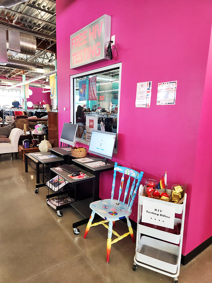 Shopping with purpose. The free HIV testing area reminds visitors that every purchase supports vital healthcare services in the community.