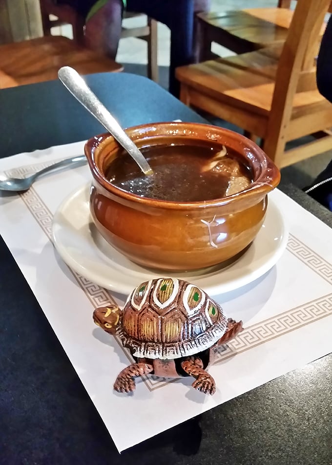 Behold the legendary French onion soup, complete with a whimsical turtle guardian. That cheese pull would make Instagram influencers weep with joy.