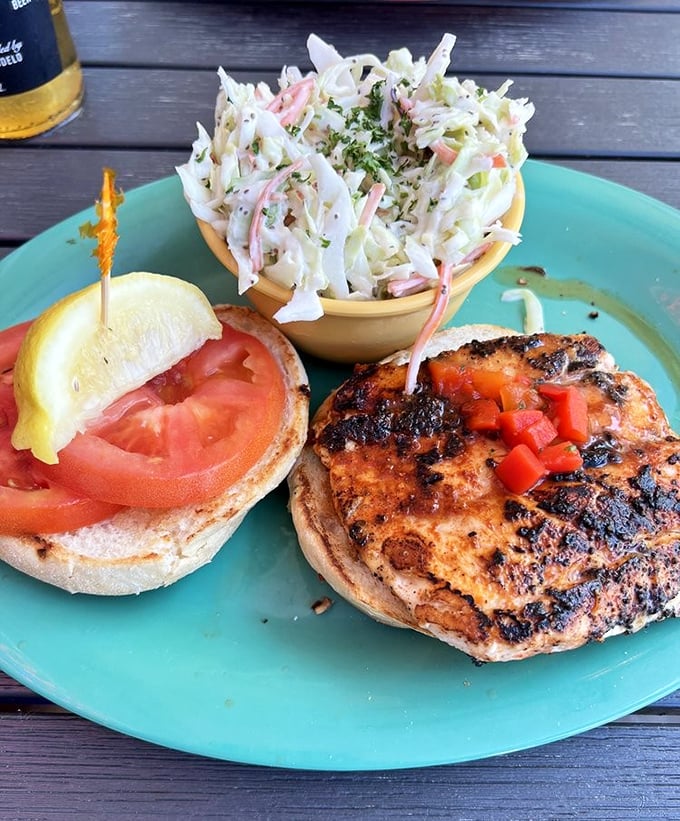 Behold the star of the show: a blackened grouper sandwich with homemade coleslaw that might just ruin all other sandwiches for you forever.