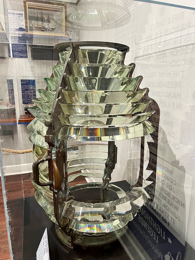 Engineering marvel meets art: the Fresnel lens, with its concentric glass prisms, once projected light 24 miles out to sea &ndash; the original high-beam headlight.