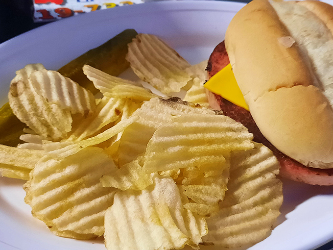 The legendary fried bologna sandwich in its natural habitat. Thick-cut meat, melty American cheese, and potato chips standing guard like crunchy sentinels.