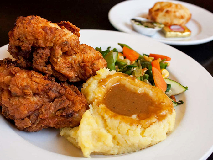 Golden-brown perfection on a plate! This fried chicken with its crackling crust might just make you forget you're in green chile country.