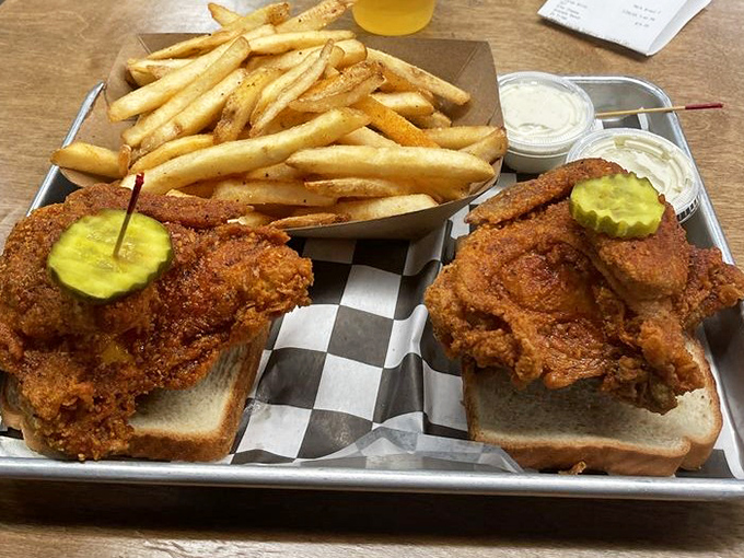 Fried chicken sandwiches that make you question all your previous chicken relationships. Those pickles aren't garnish&mdash;they're essential supporting actors.